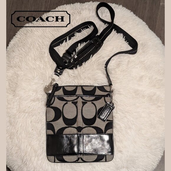 Coach | Bags | Coach Signature Black Monogram Crossbody Bag Leather ...